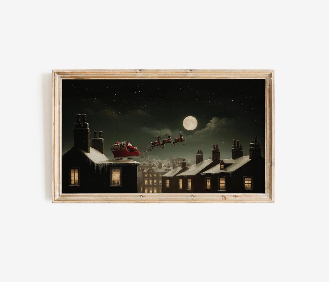 Santa Sleigh Ride Over Rooftops Christmas TV Art Printable, Moonlit ...