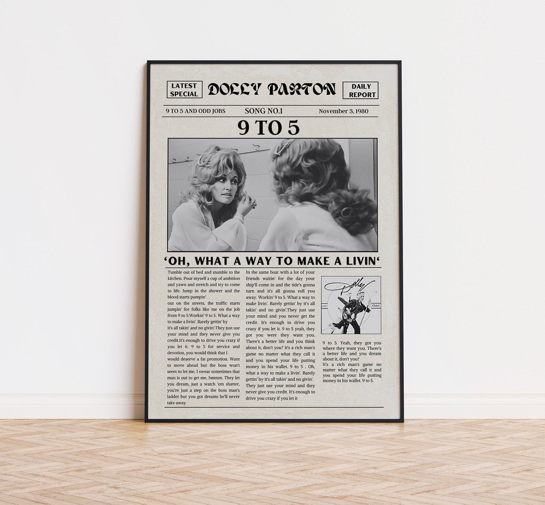Vintage Dolly Parton Newspaper 9 to 5 Song Poster. Dolly Parton Art ...