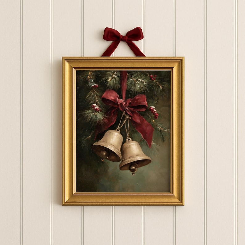Vintage Christmas Bells Digital Print Rustic Holiday Wall Art With Red ...