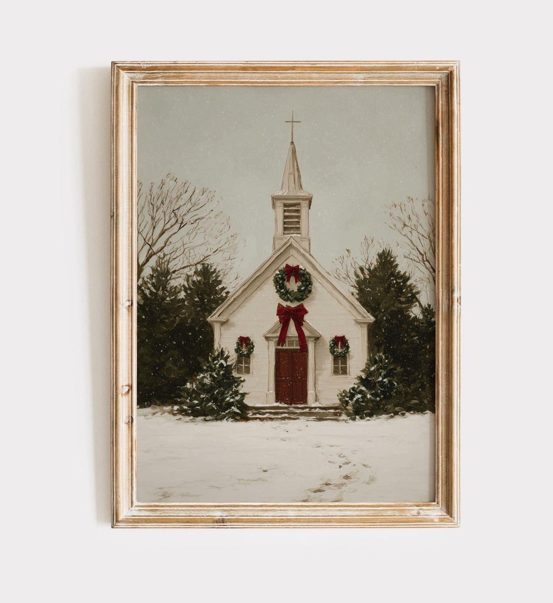 Vintage Snowy Church at Christmas With Wreaths Cottagecore Art Red Bows ...