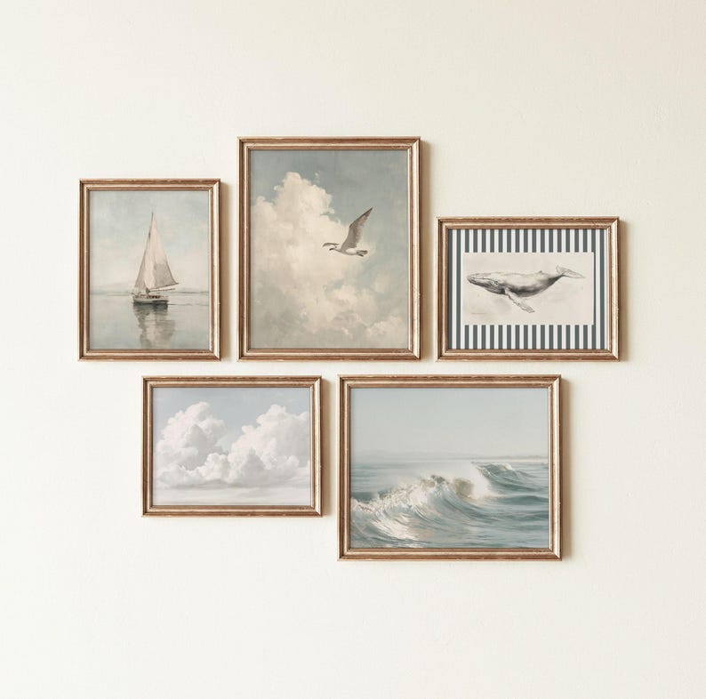 Vintage Coastal Wall Art Set of 5 Nautical Gallery Wall Prints | Ocean ...