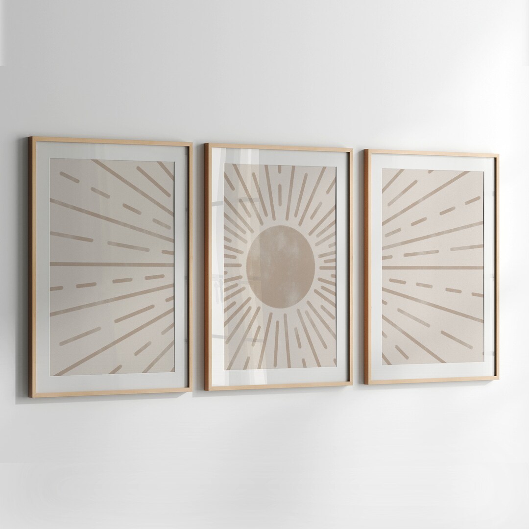 Beige Sun Wall Art. Set of 3 Beige Bedroom Art. Neutral Livingroom Wall ...