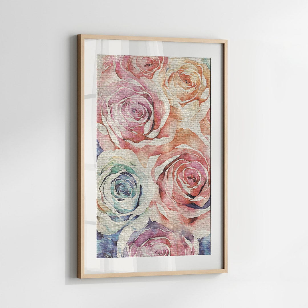 Pink Rose Wall Decoration. Linen Bedroom Decor. Yellow Flower Print ...