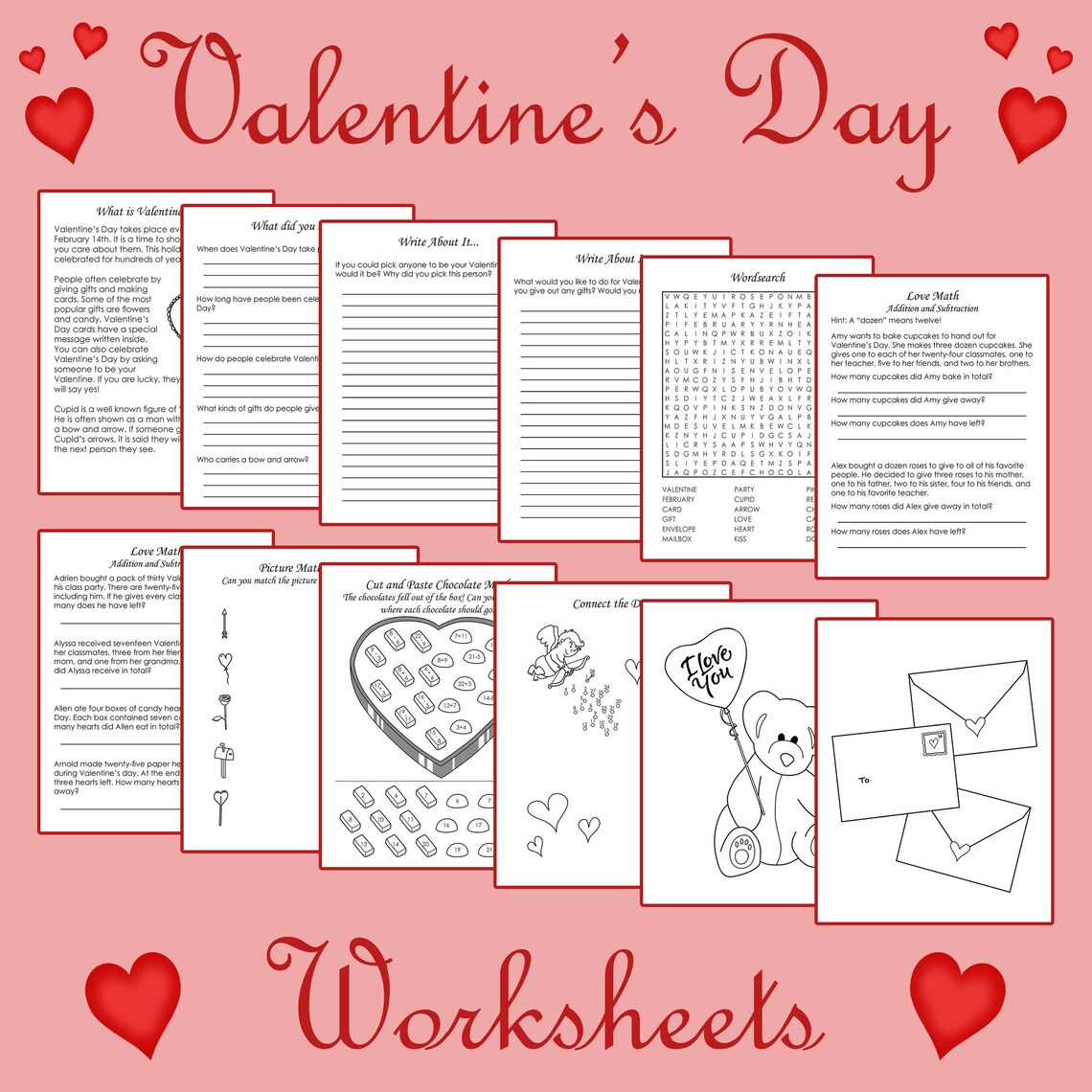 12 Valentine's Day Activity Sheets Answer Keys kindergarten, 1st Grade ...