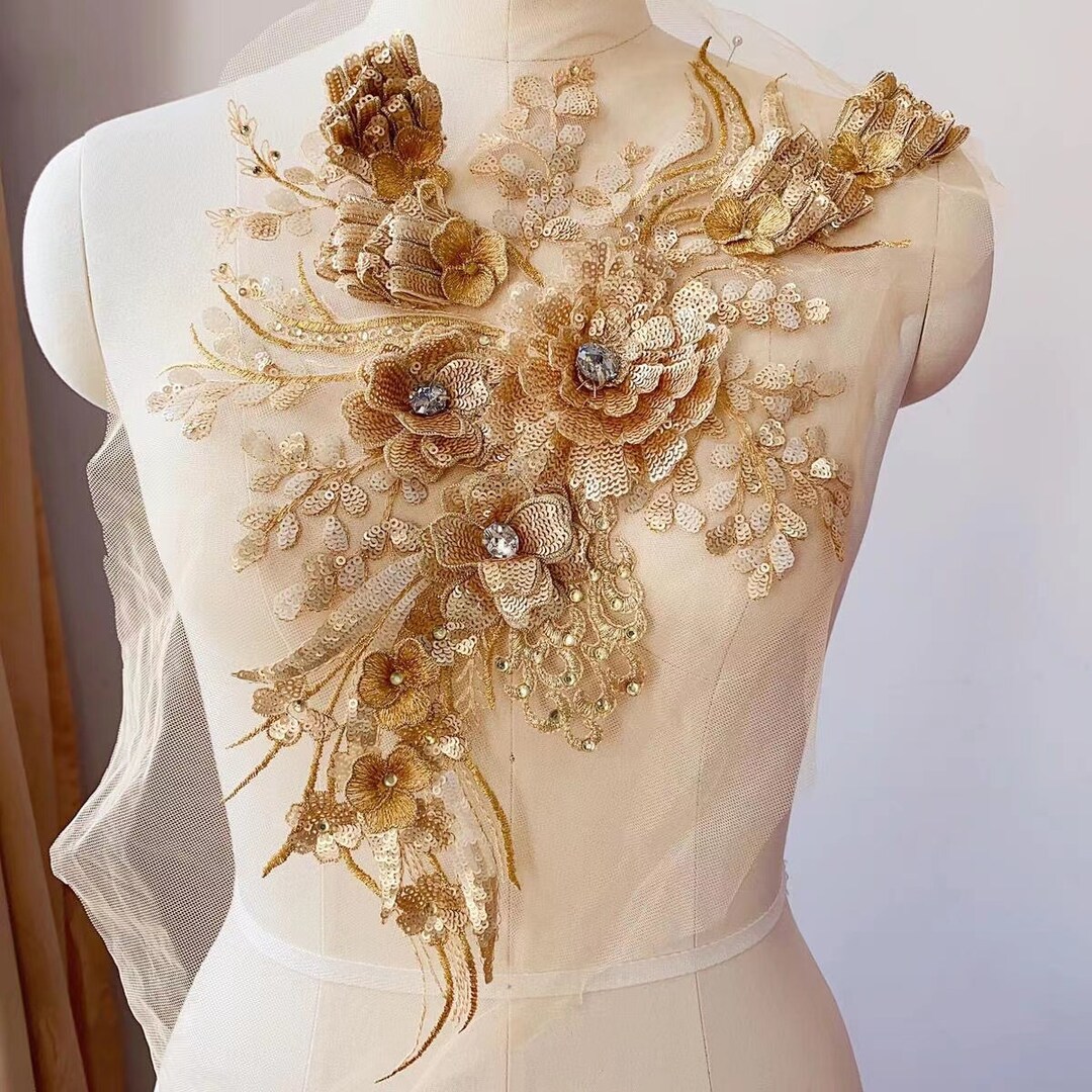 4 Colors Embroidery Appliques, Golden Sequin Applique, 3D Flower ...