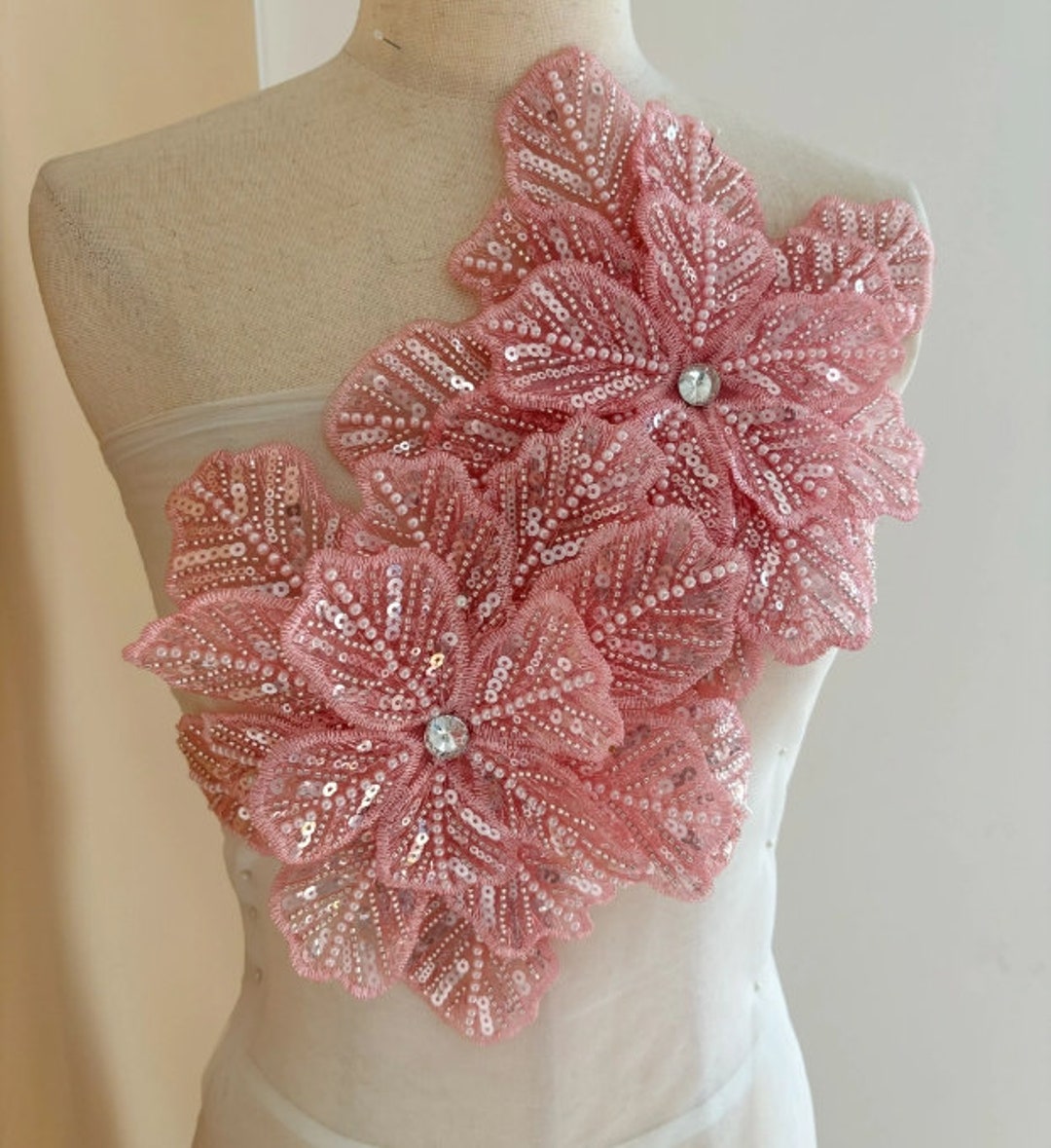 Heavy 3D Flower Appliques, Pink Beaded Sequin Applique, 4 Colors Craft ...