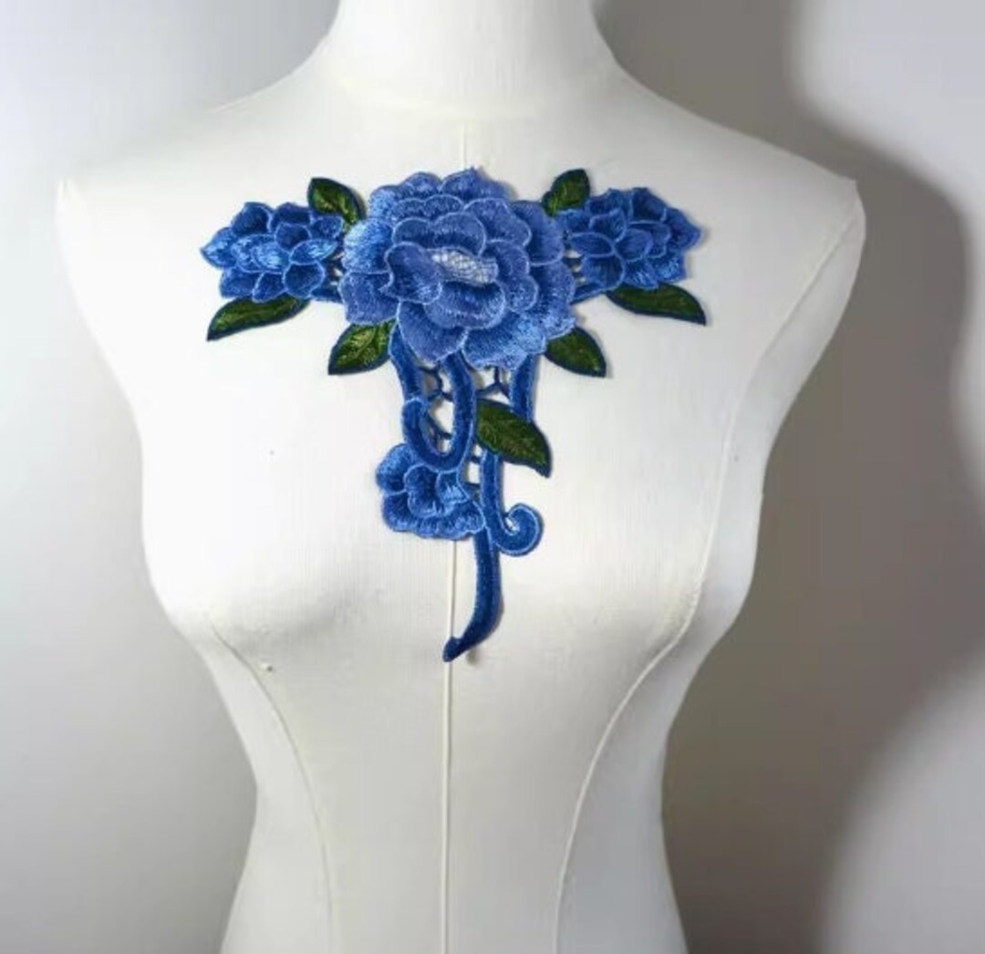Blue Flower Embroidered Applique, Green Leaves Lace Applique, 3D Flower ...