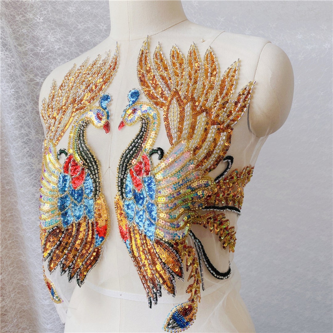 Peacock Lace Appliques, Sequins Applique, 3D DIY Applique, Bridal Craft ...