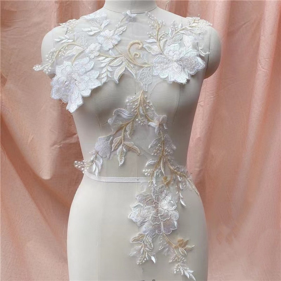 Champagne Embroidery Appliques, Flowers Leaves Applique, 3D Flower ...