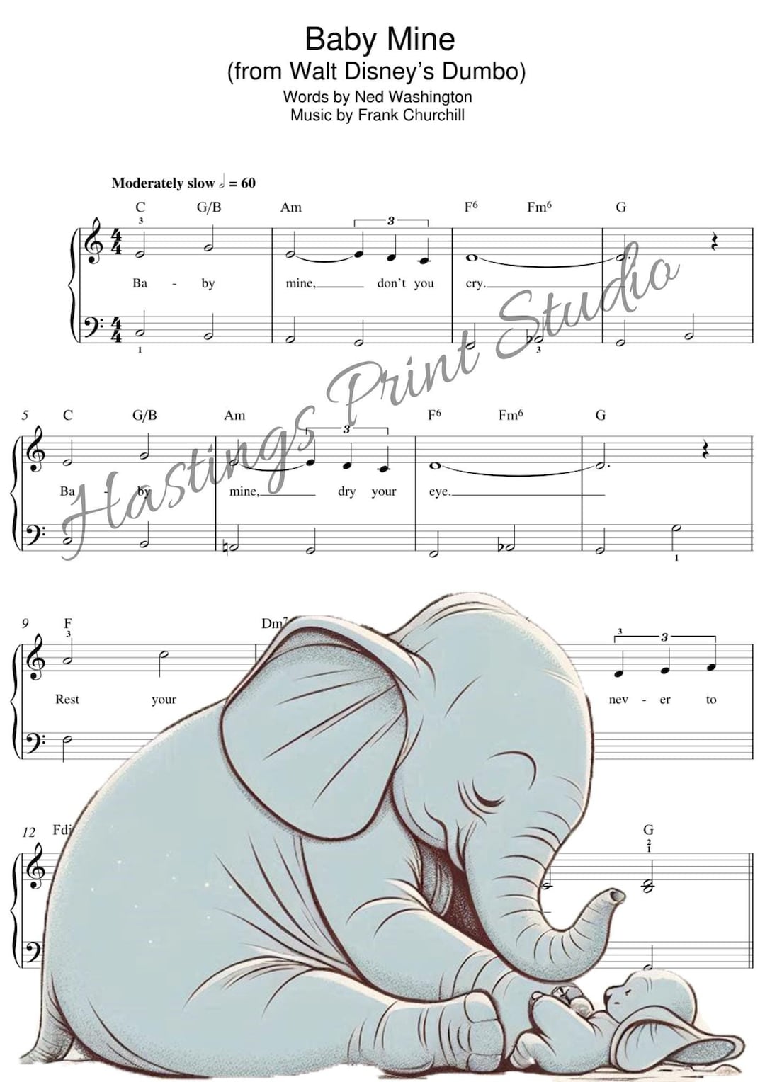 Dumbo - Baby Mine Gift Music Poster - Dumbo Art - Vintage Art Print ...