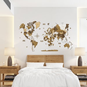 3D Wooden World Map Office Wall Art Decor, Wood World Map Accent Wall ...