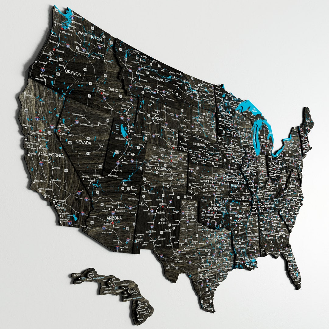 Detailed USA Wooden Map for Home Decor, Wood Map Wall Art, Print USA ...