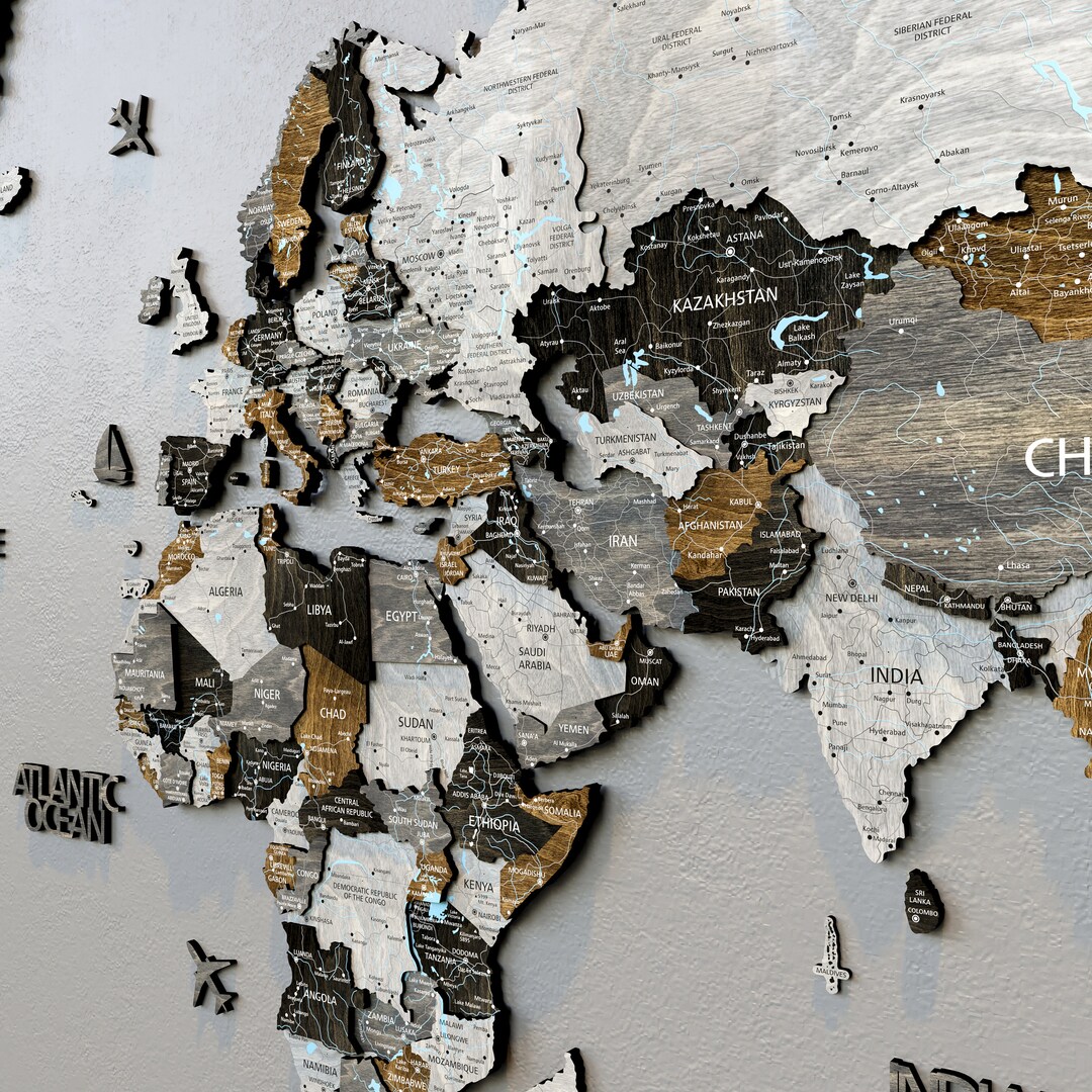 3D Wooden World Map Unique Wall Art Adventure Gift, World Map Office ...