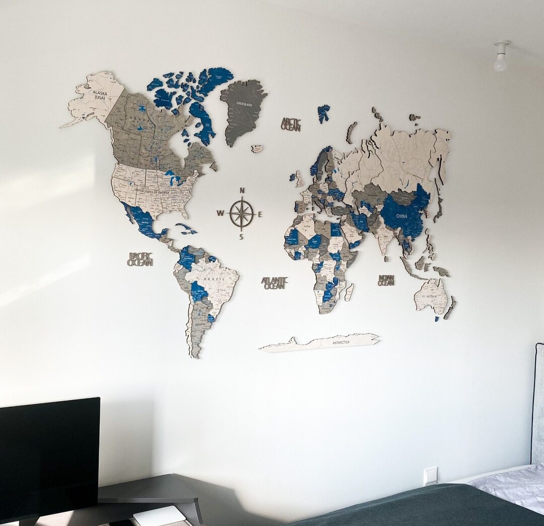 3D Wood World Map Wall Art Push Pins Housewarming Gift, Wall Art Decor ...