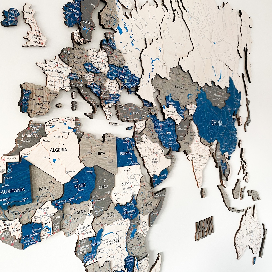 Blue Wooden World Map, Push Pin Travel Map, 7th Anniversary Gift ...