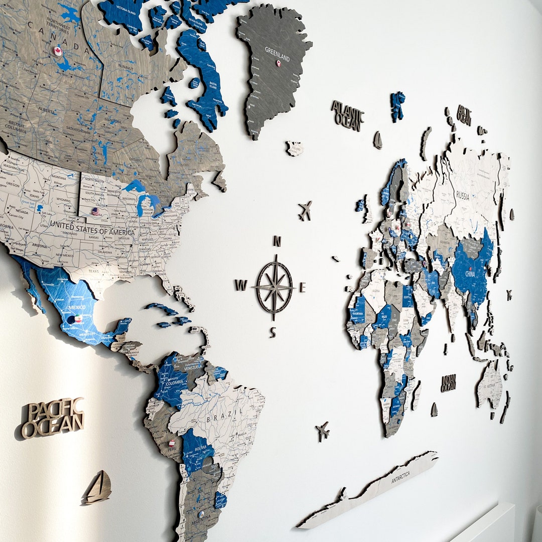 3D Blue Wooden World Map With Detailed Print for Wall Decor • Wood ...