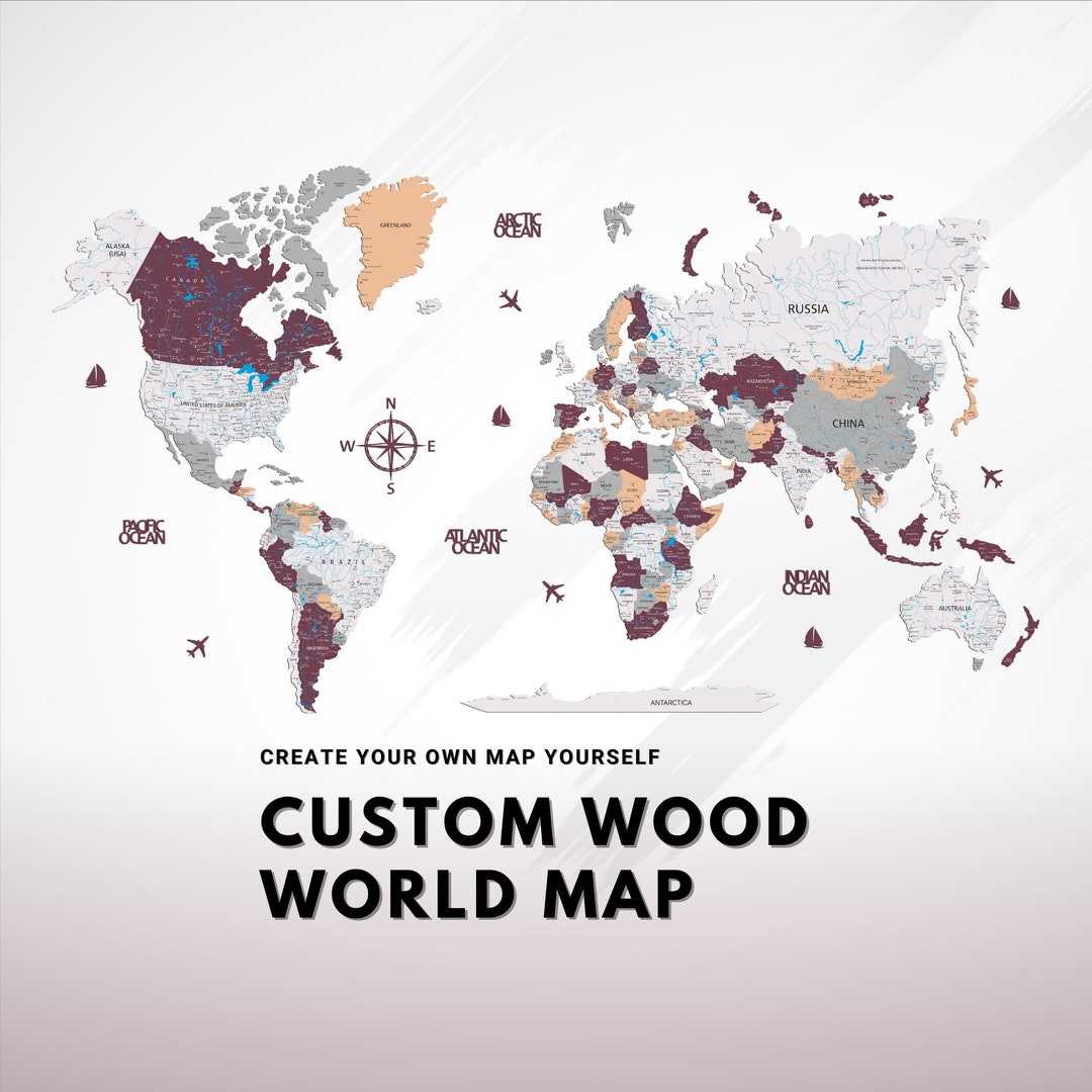 Custom Wooden World Map: DIY Coloring, Home or Office Decor - Etsy