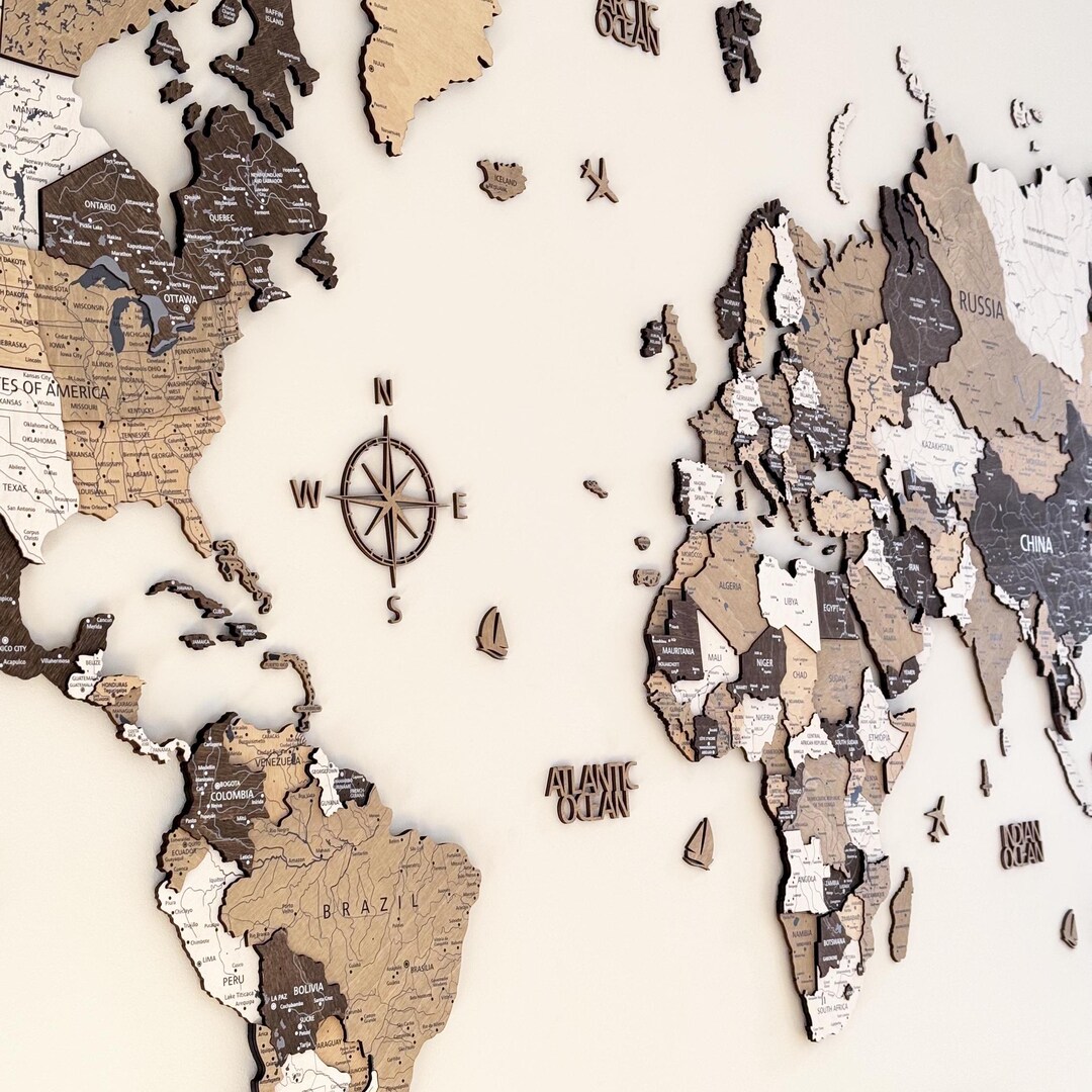 3D Wooden World Map Office Wall Art Decor, Wood World Map Accent Wall, Wooden Map Decor ...