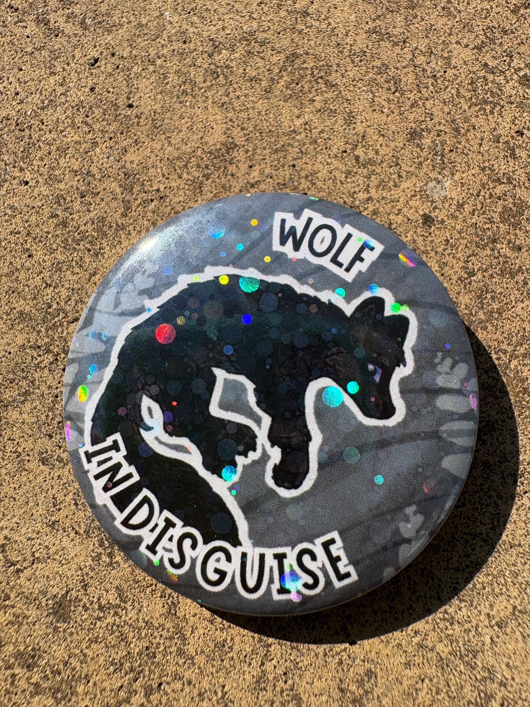 Black Wolf in Disguise 44mm Holographic Pinback Therian / Furry Button ...
