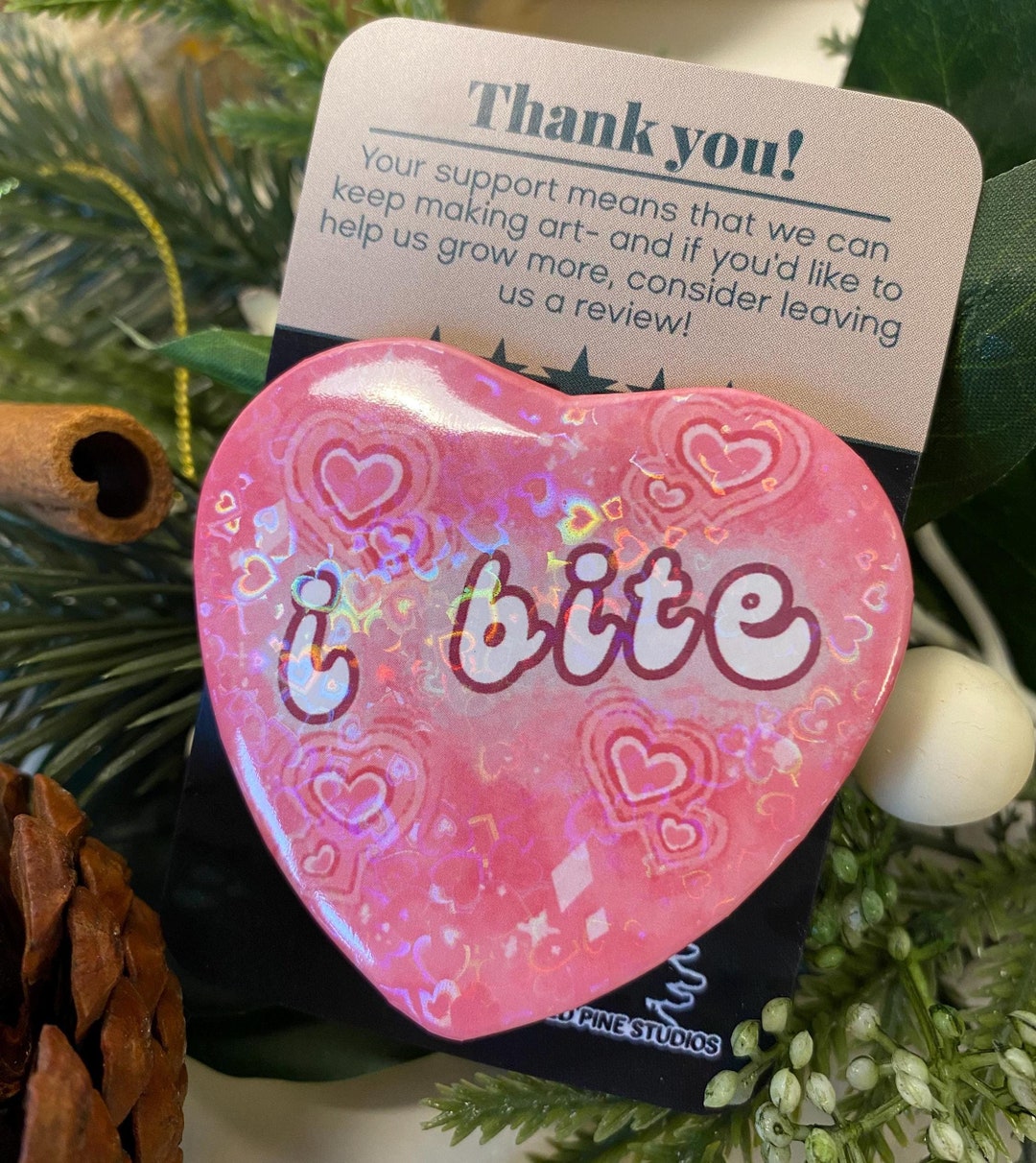 I Bite | 53mm 2" Holographic Heart Button Pin Badge | Cute Accessories ...
