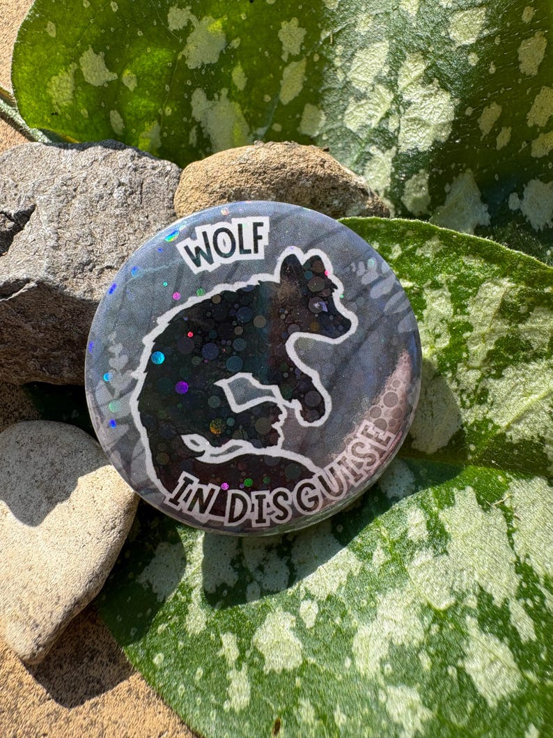 Black Wolf in Disguise 44mm Holographic Pinback Therian / Furry Button ...
