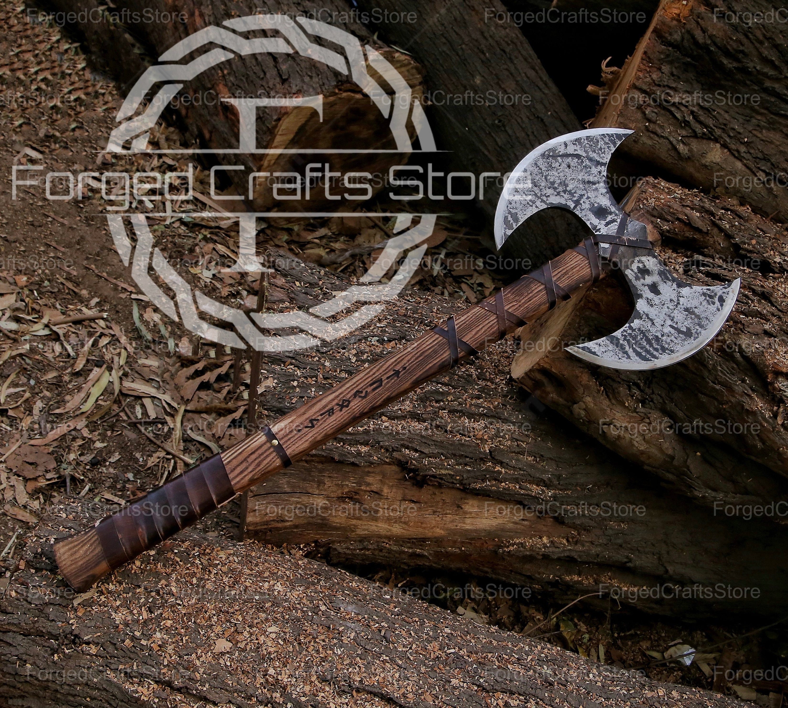 Hand Forged Double Headed Axe Made of Ash Wood Shaft and Carbon Steel ...