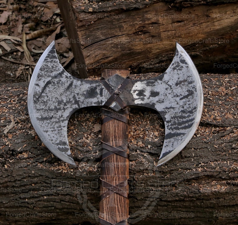 Hand Forged Double Headed Axe Made of Ash Wood Shaft and Carbon Steel ...