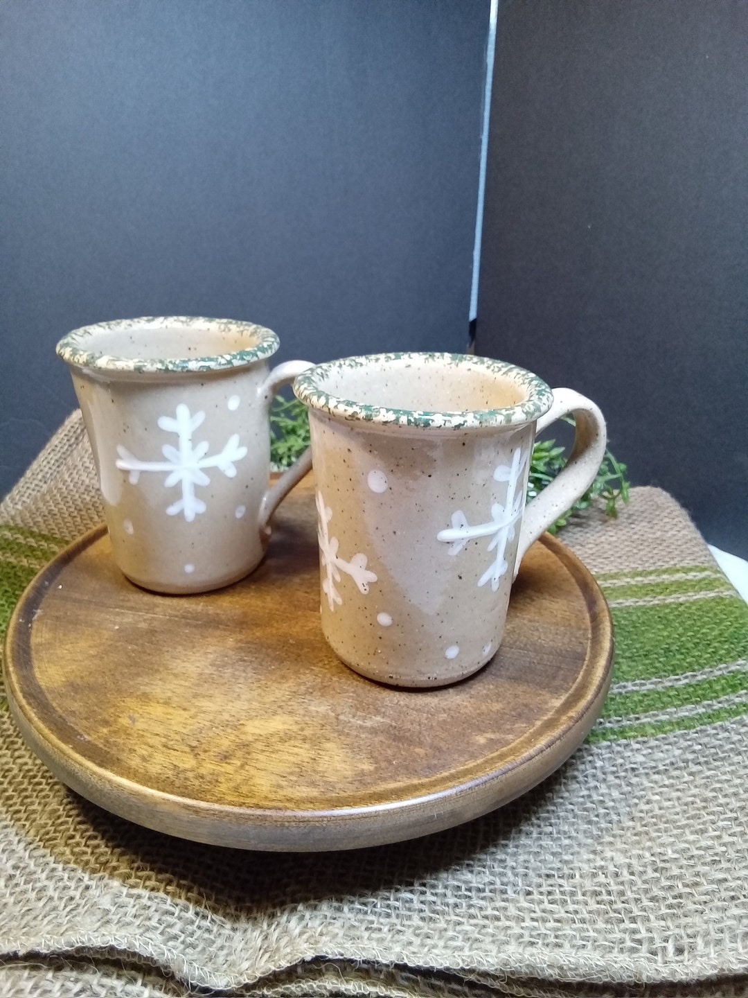 Vintage Three Rivers Pottery Snowflake Pattern Smaller Mugs With Green ...