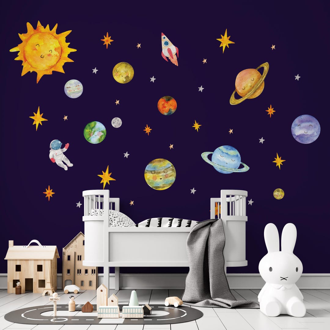 Space Wall Decals, Watercolor Solar System, Nursery Decals, Planet Wall ...