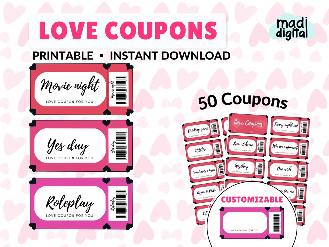 50 Customizable Love Coupons for Valentines Day, Instant Download ...