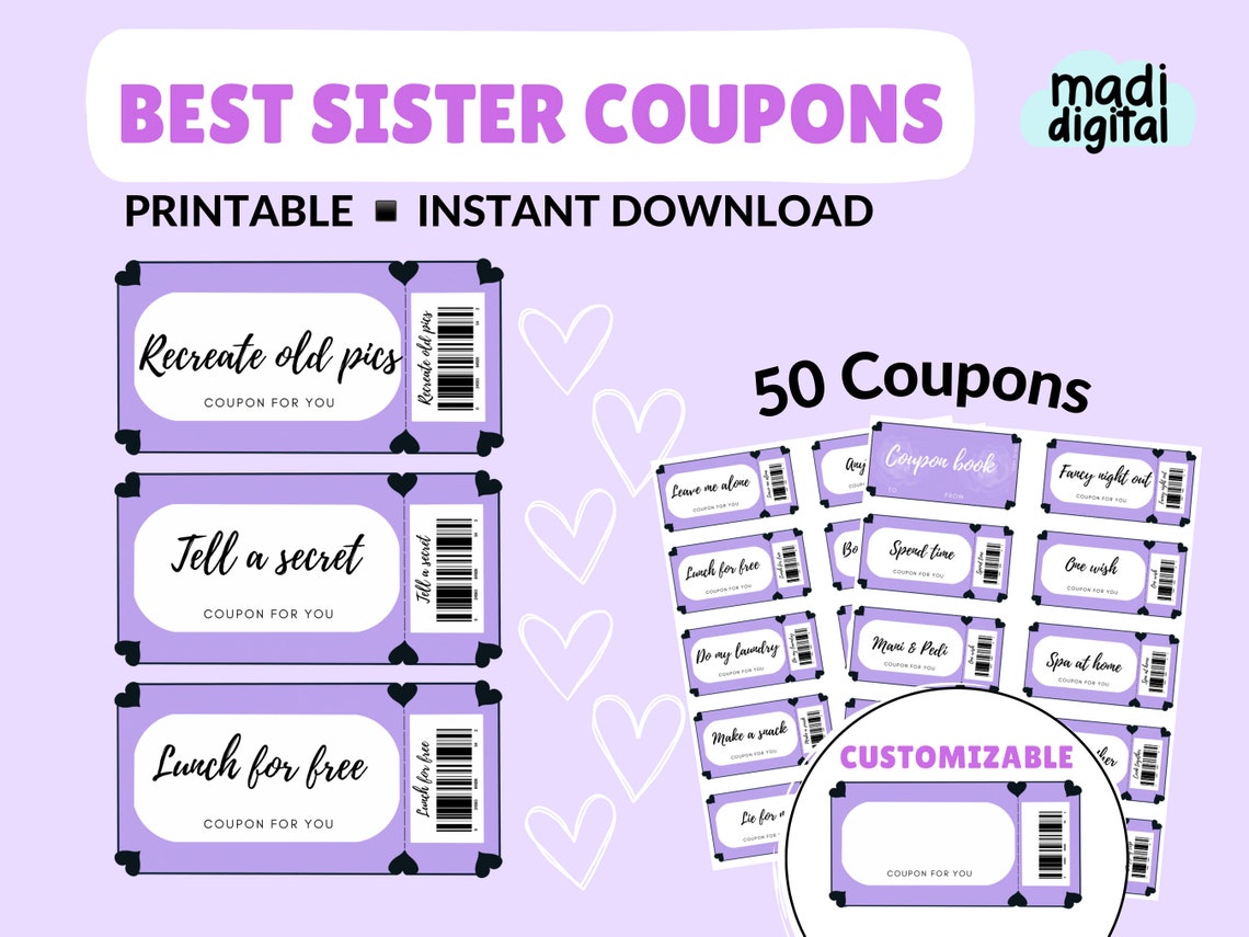 50 Customizable Love Coupons Best Sister, Sister Birthday, Gift for Her ...