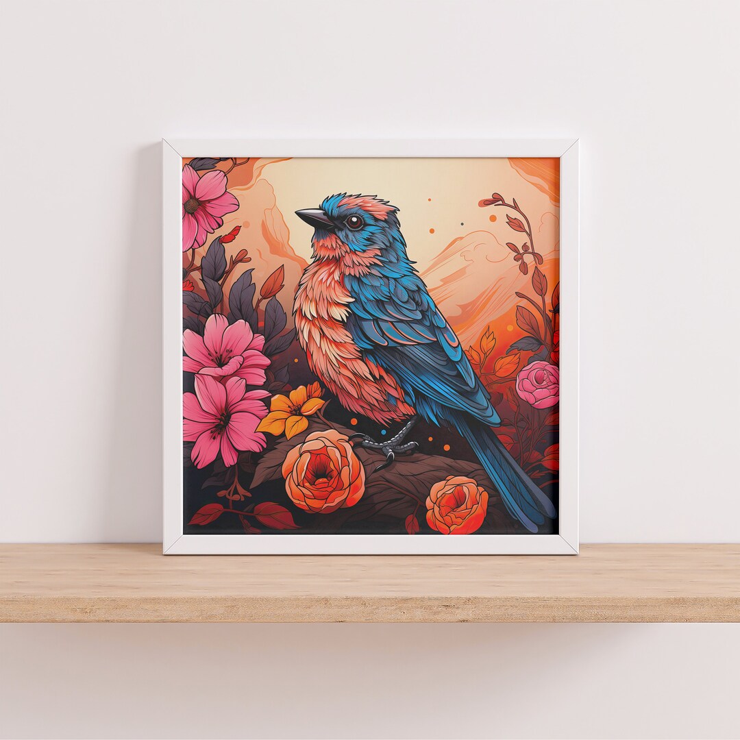 Colorful Titmouse Bird in Flowers Farmhouse Wall Print Orange - Etsy