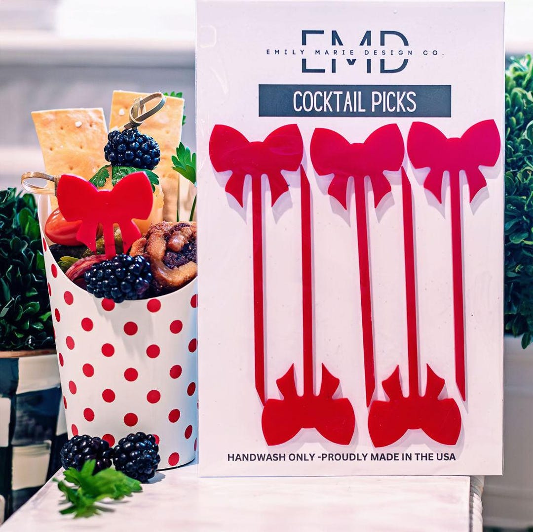 Preppy Red Bow Cocktail Picks SET OF 5 Reusable Appetizer Food Skewers ...