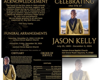 4 Page All Black Obituary Template | Black Men's Style Funeral Program ...