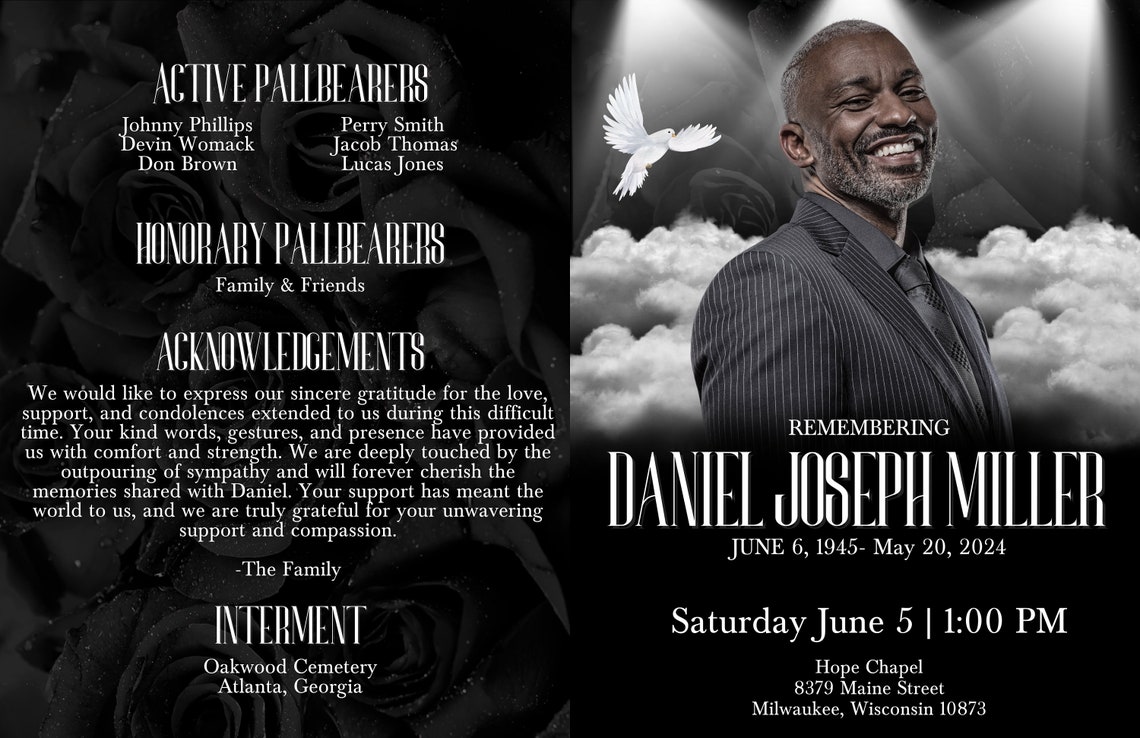 4 Page All Black Obituary Template | Black Men's Style Funeral Program ...