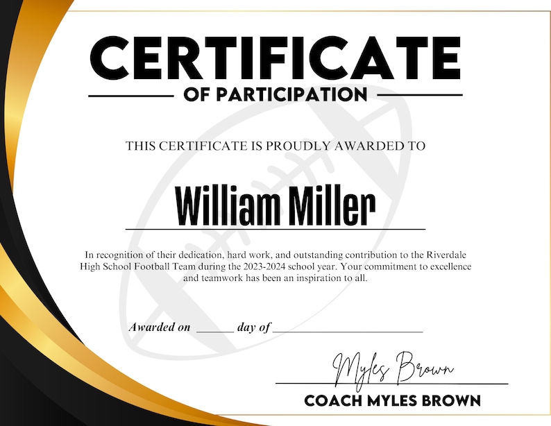 Editable High School Banquet Football Certificate Template | Sports ...