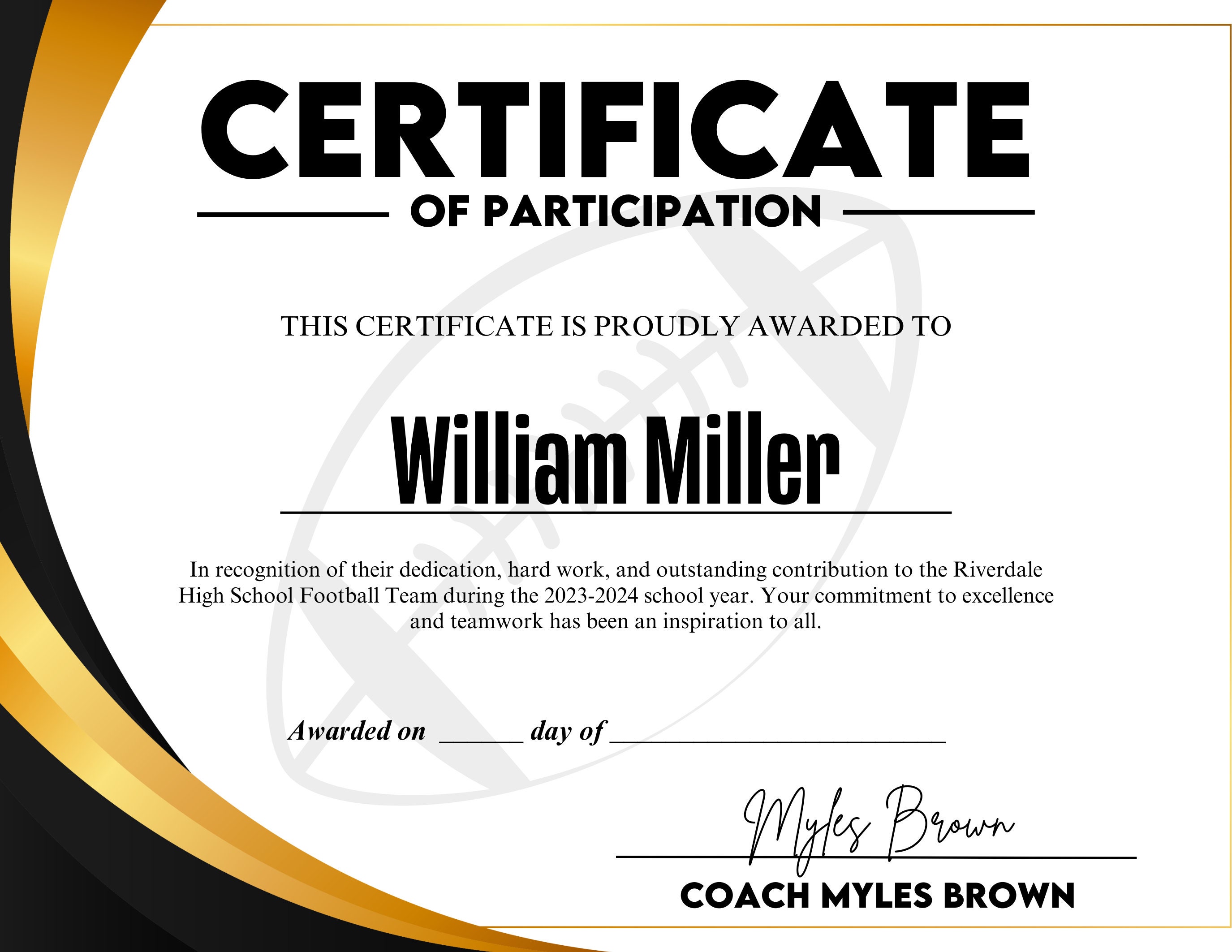 Editable High School Banquet Football Certificate Template | Sports ...