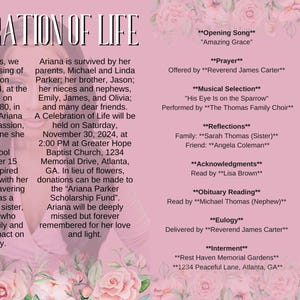 4 Page Pink Obituary Template | Women's Style Funeral Program ...