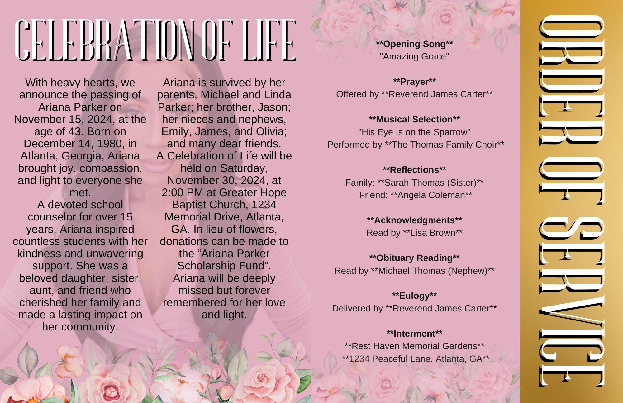 4 Page Pink Obituary Template | Women's Style Funeral Program ...