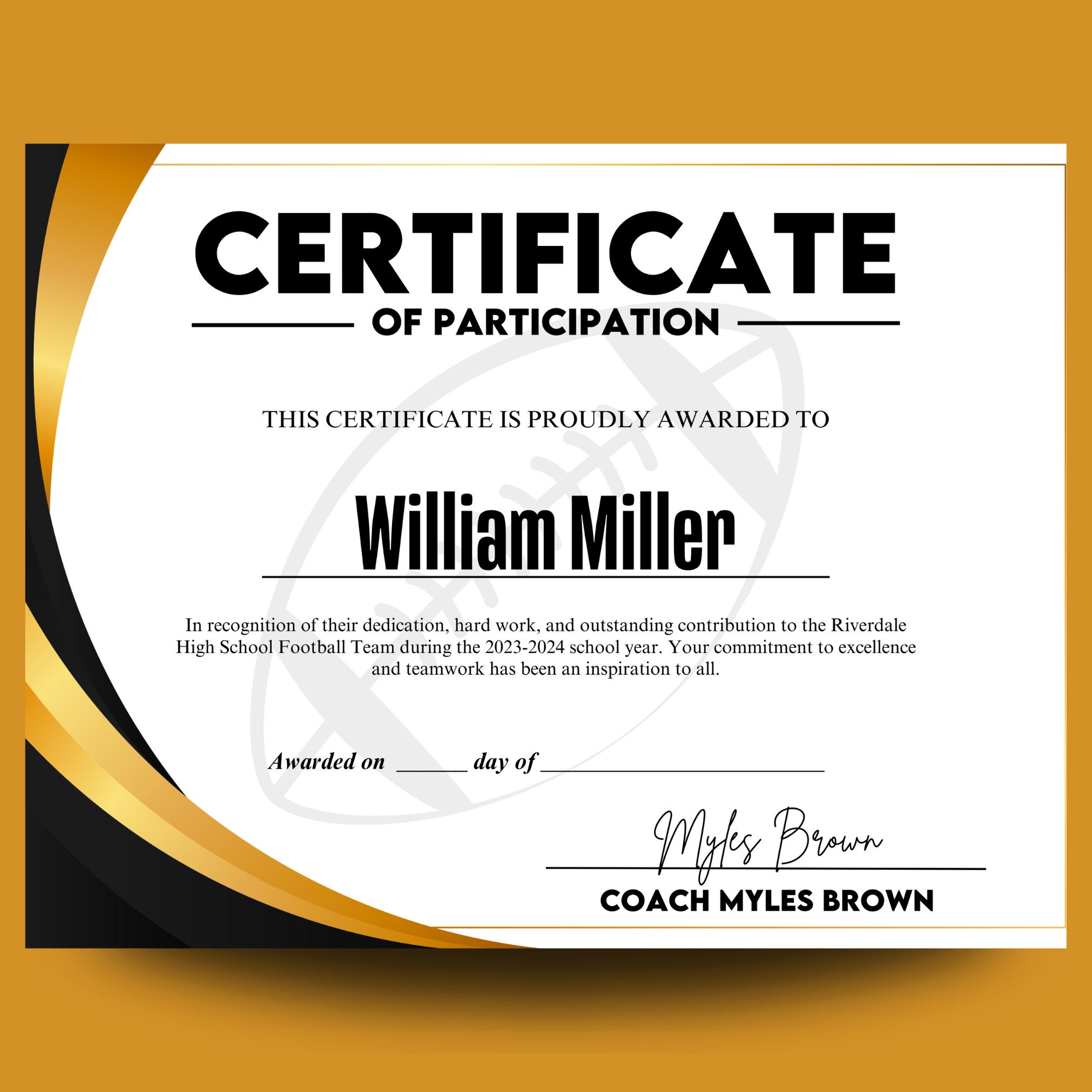 Editable High School Banquet Football Certificate Template | Sports ...