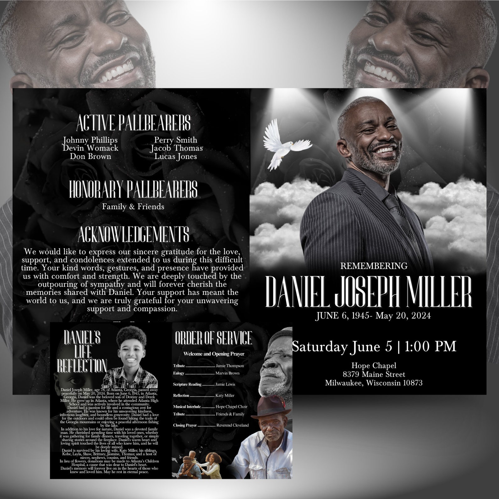 4 Page All Black Obituary Template | Black Men's Style Funeral Program ...
