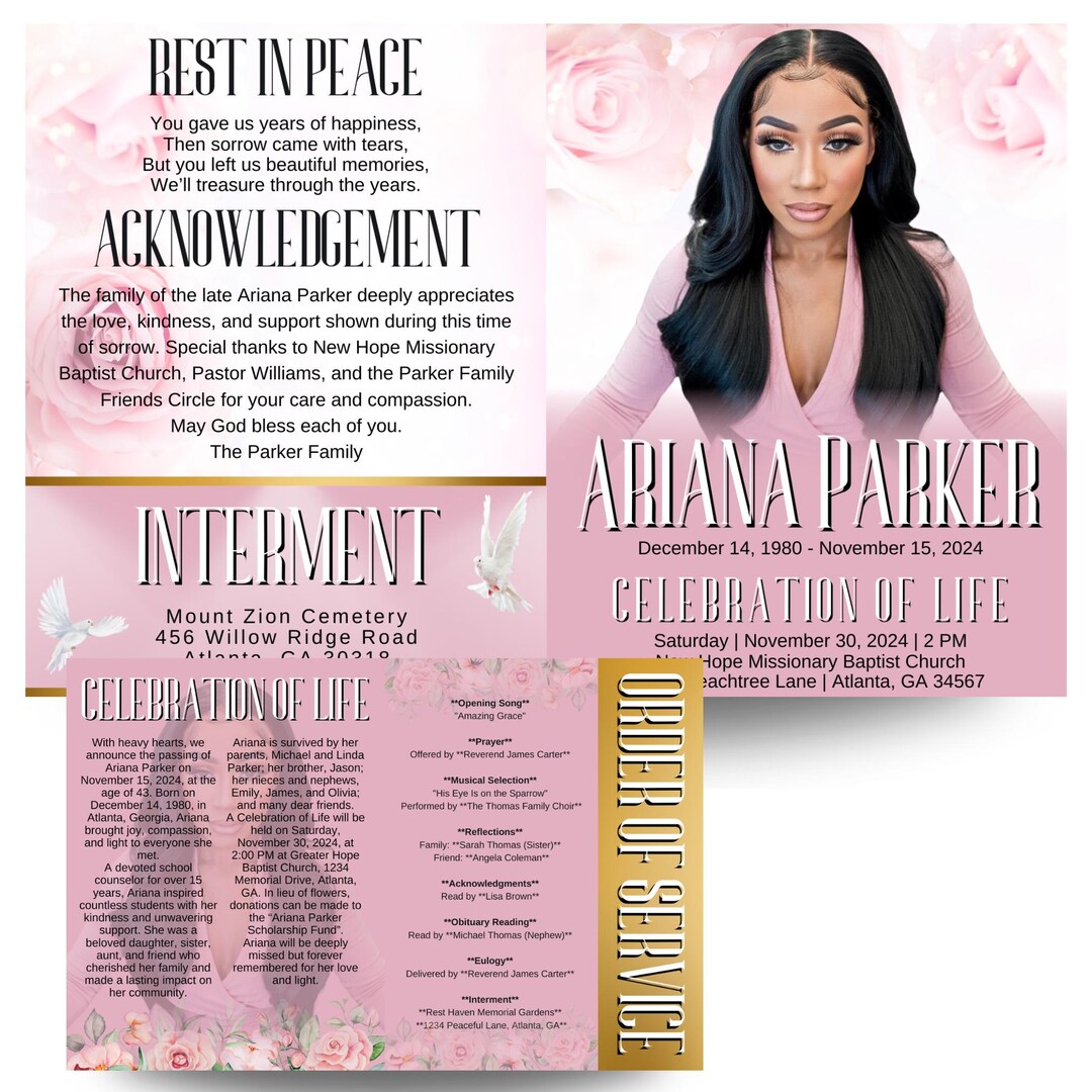 4 Page Pink Obituary Template | Women's Style Funeral Program ...