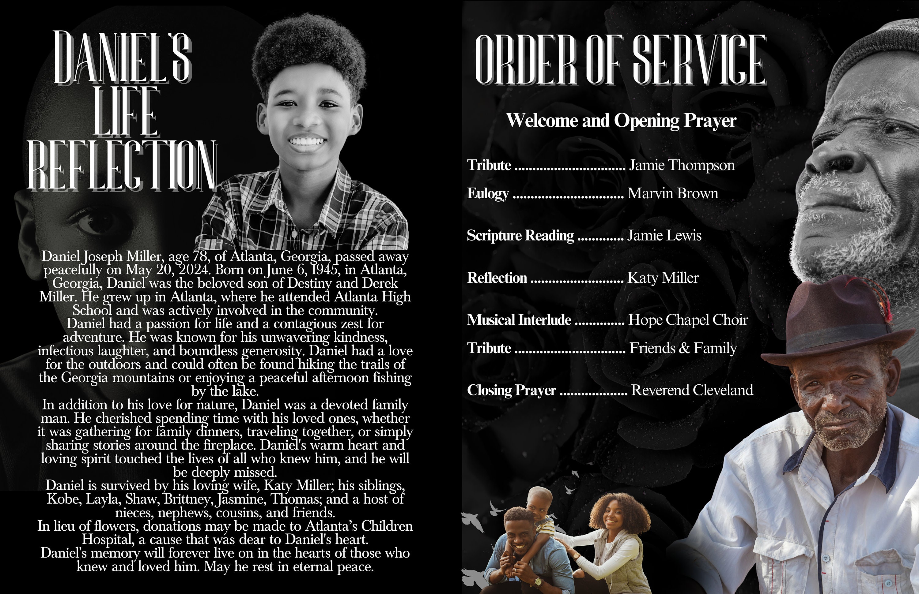 4 Page All Black Obituary Template | Black Men's Style Funeral Program ...