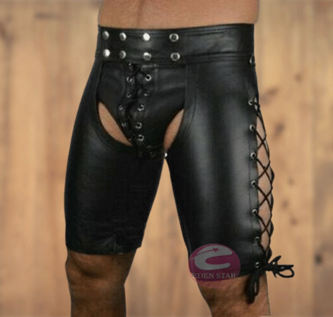 Men Real Leather Shorts Chaps, Side Lace Leather Half Chap, Genuine Leather Black Shorts Chaps ...