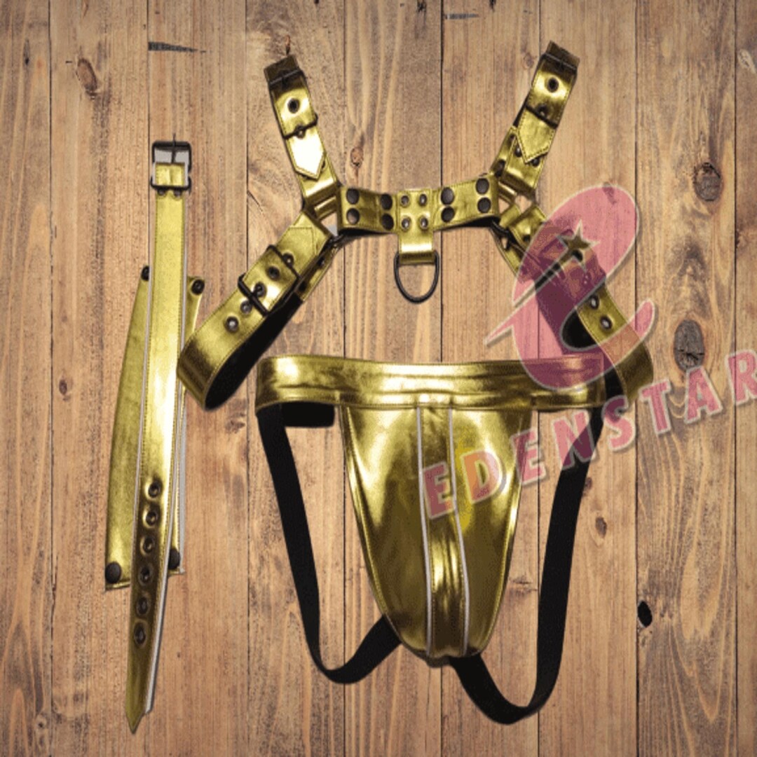 Harness Man Golden Leather Harness Jockstrap With Armbands, Golden Gear, Gold Harness, Gold Jock ...