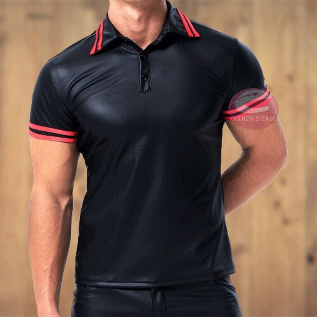Genuine Leather Shirt, Men's Leather T-shirt, Half Sleeve Black Leather ...