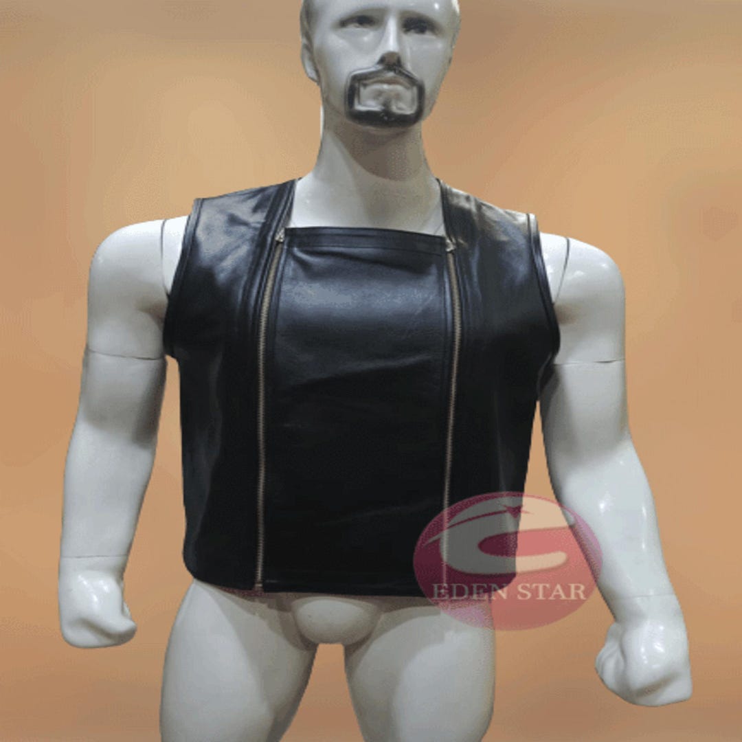 Men Real Leather Men CUTAWAY Bar Vest Front Double Zipper Closer Gay ...