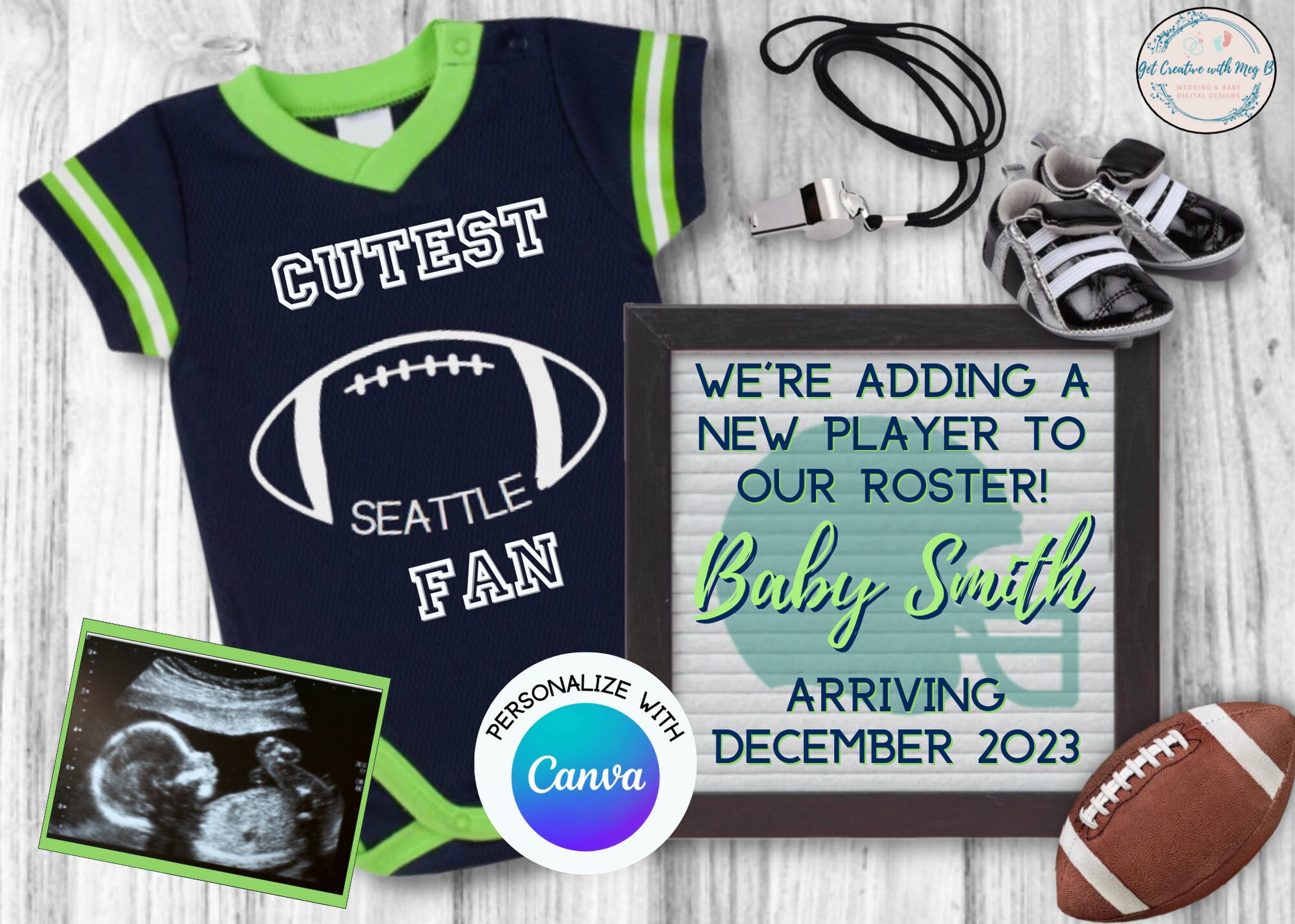 Seattle Football Digital Baby Announcement; Seattle Football; Football ...