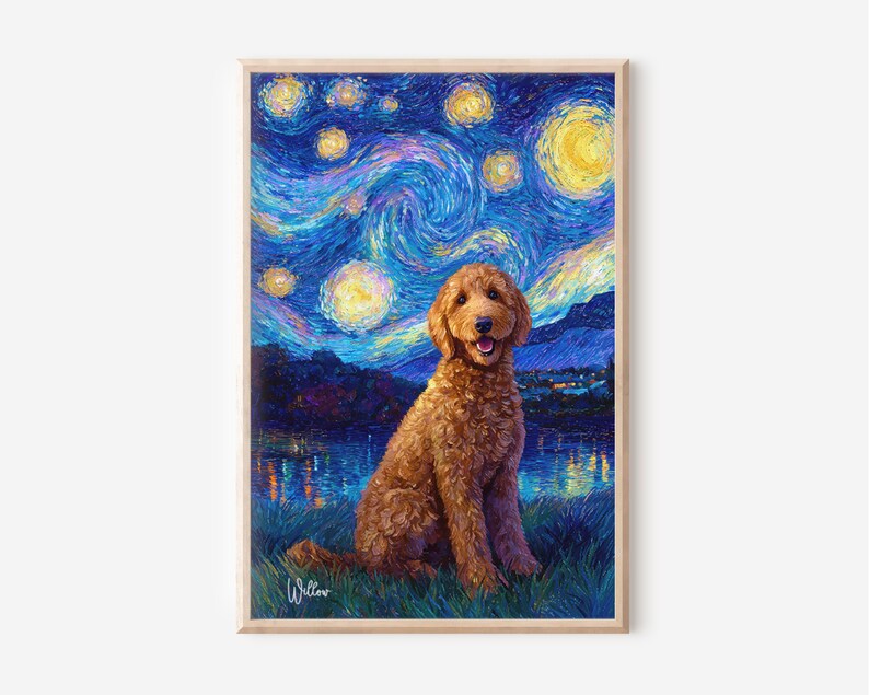 Goldendoodle Poster Starry Night With Personalized Name Signature, Tan ...