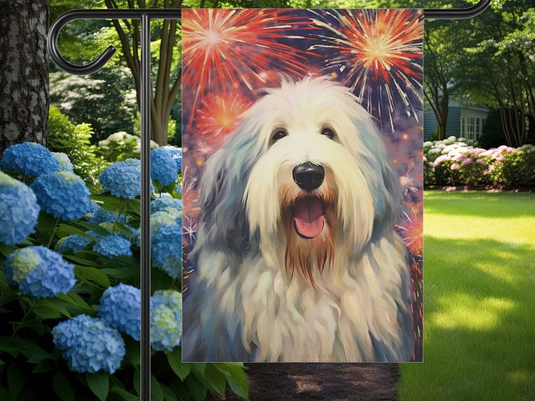 Fourth of July Old English Sheepdog Garden Flag Patriotic Fireworks OES ...